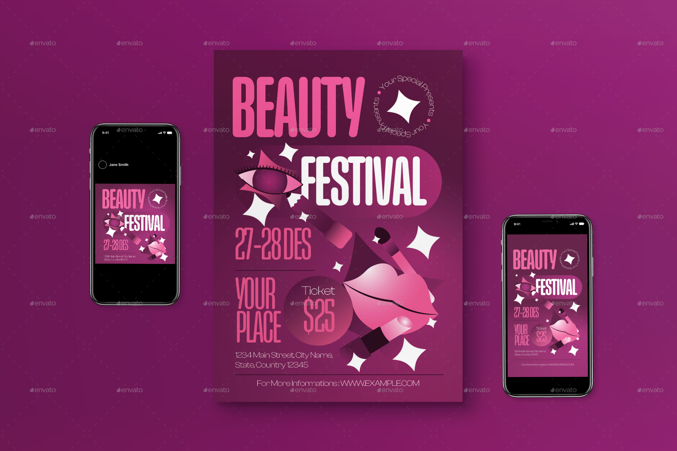 Purple Pink Gradient Edgy Beauty Festival Flyer Set, Print Templates