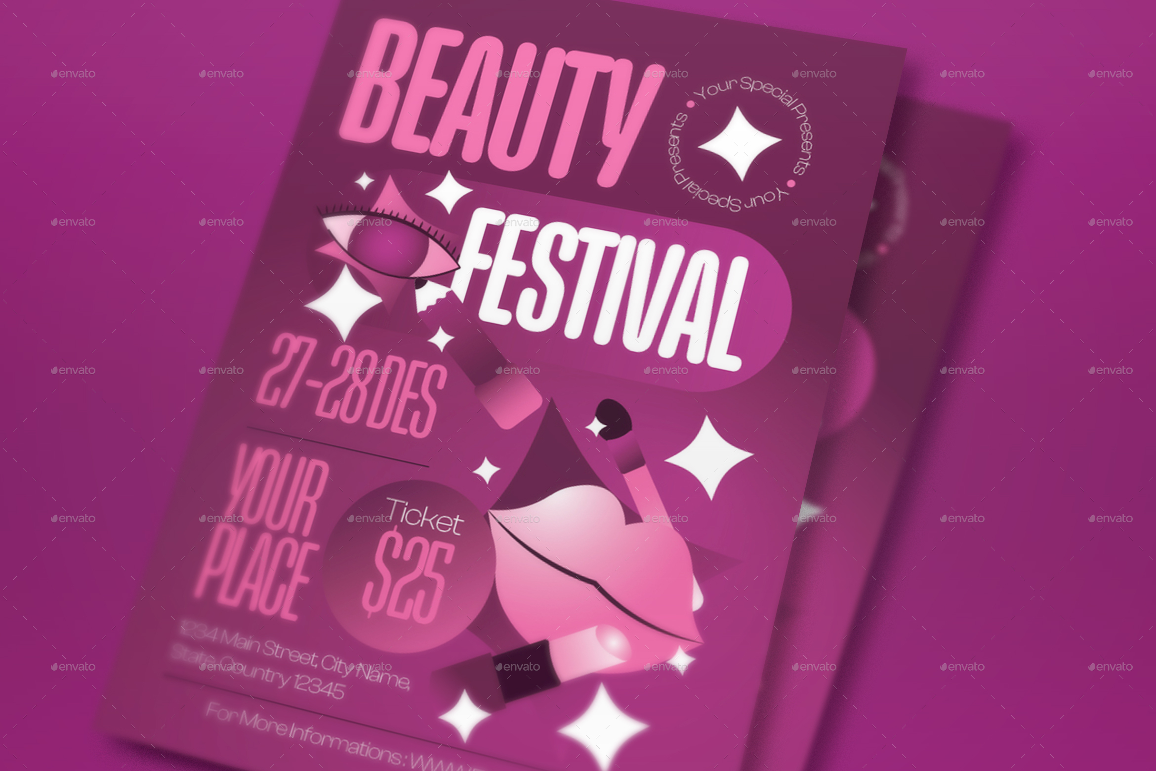 Purple Pink Gradient Edgy Beauty Festival Flyer Set, Print Templates