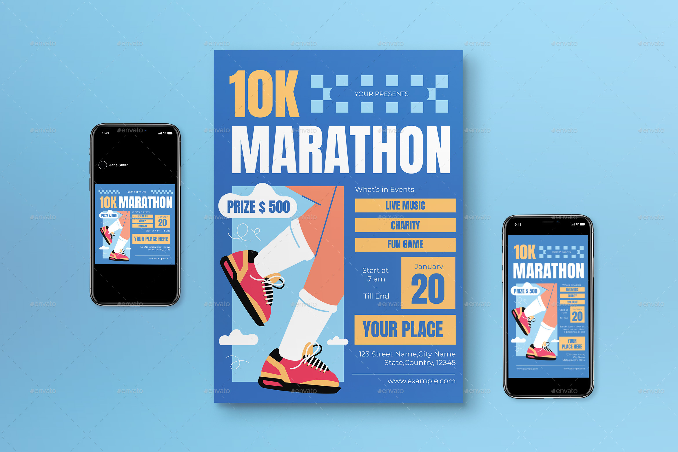 Blue Hand Drawn 10k Marathon Flyer Set, Print Templates | GraphicRiver