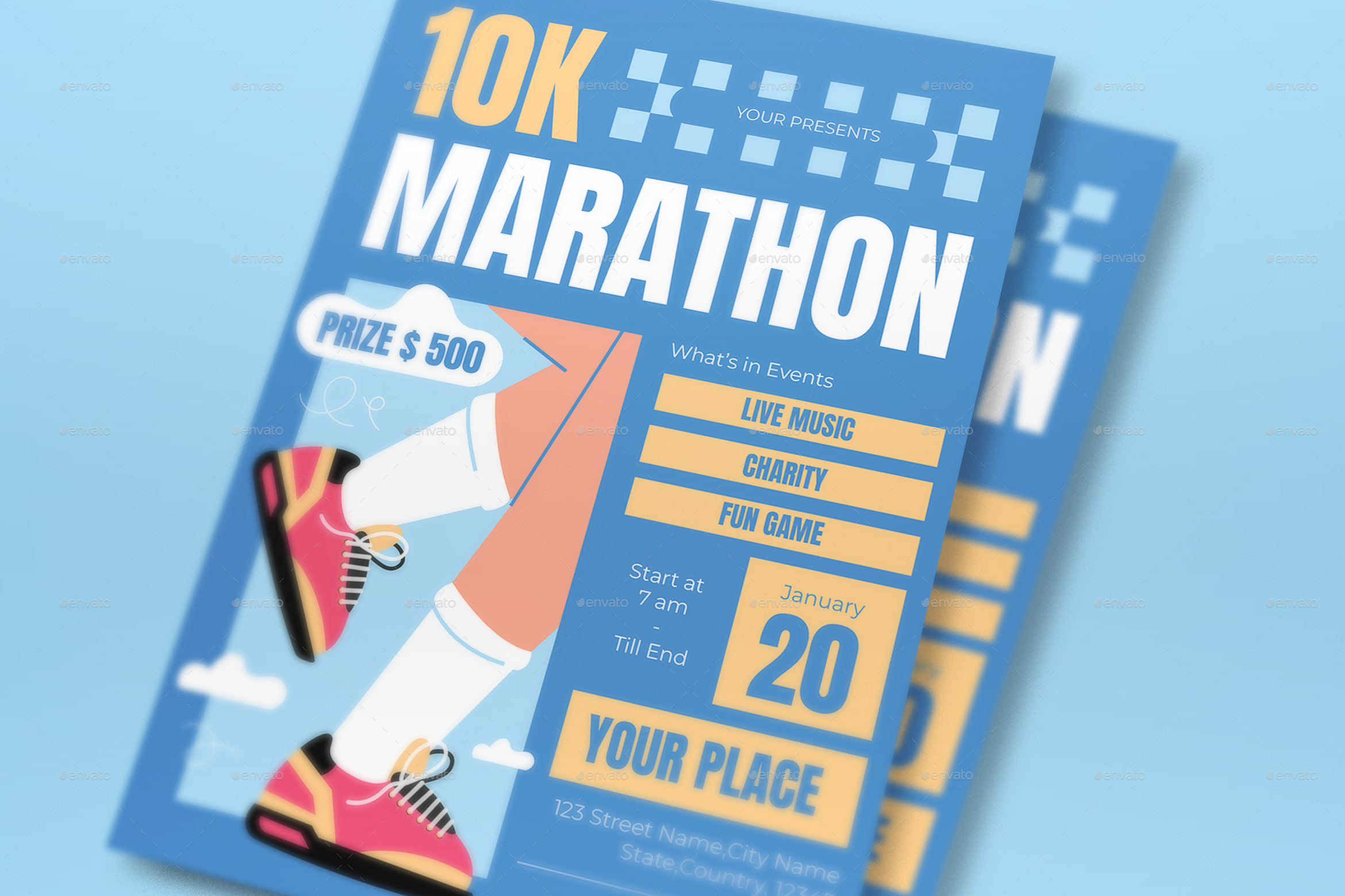 Blue Hand Drawn 10k Marathon Flyer Set, Print Templates | GraphicRiver