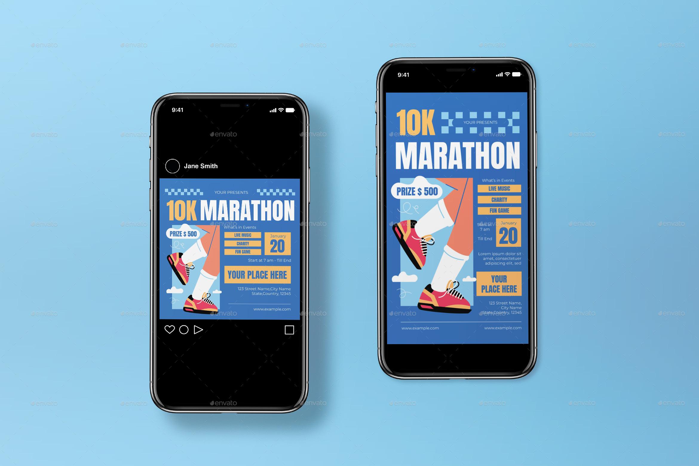 Blue Hand Drawn 10k Marathon Flyer Set, Print Templates | GraphicRiver