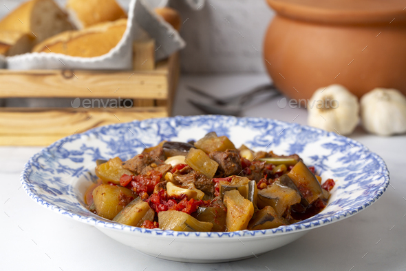 Turkish dish Guvech - baked meat with eggplant (Turkish name; etli ...