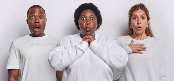 Human facial expressions and reactions concept. Shocked three mixed ...