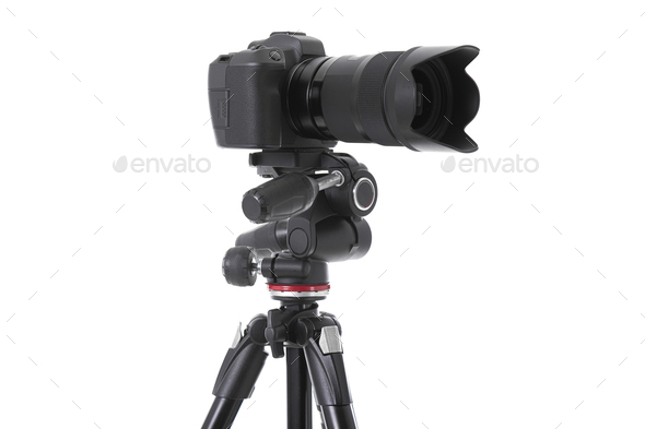 Side-view of professional camera device with big camera glass isolated ...