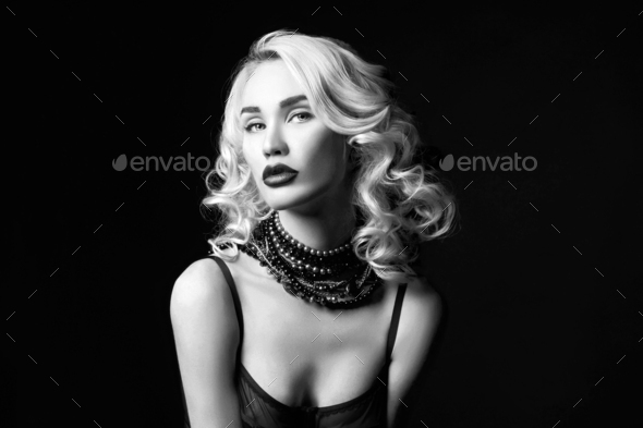 Sexy Beautiful Blonde Girl With Long Hair Perfect Woman Portrait On Black Background Gorgeous