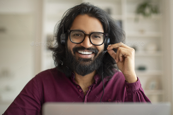 Call Center Operator. Closeup Portrait Of Happy Young Indian Man In ...