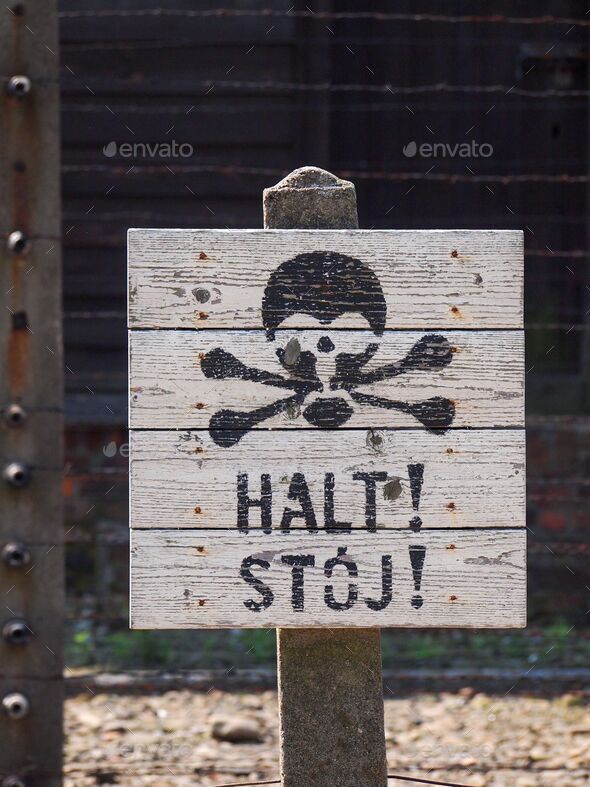 halt sign at Auschwitz concentration camp in Poland Stock Photo by ...