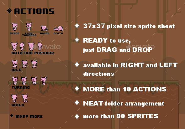 Pixel Pig Spritesheet, Game Assets | GraphicRiver