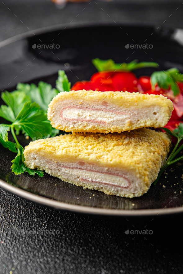chicken cutlet cordon bleu fresh meat, cheese, bacon appetizer meal ...