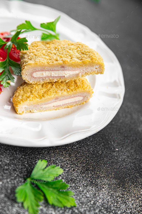 chicken cutlet cordon bleu fresh meat, cheese, bacon appetizer meal ...