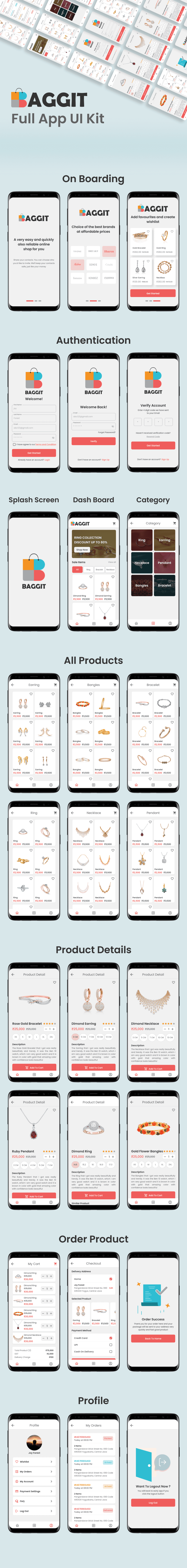 Baggit Flutter: All-in-One Jewelry App UI Kit by beepixl | CodeCanyon