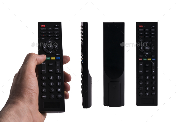 Hand holding a remote control and 3 different views of black remote ...