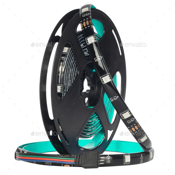 Closeup image of LED RGB tape twisted around plastic bobbin isolated at ...