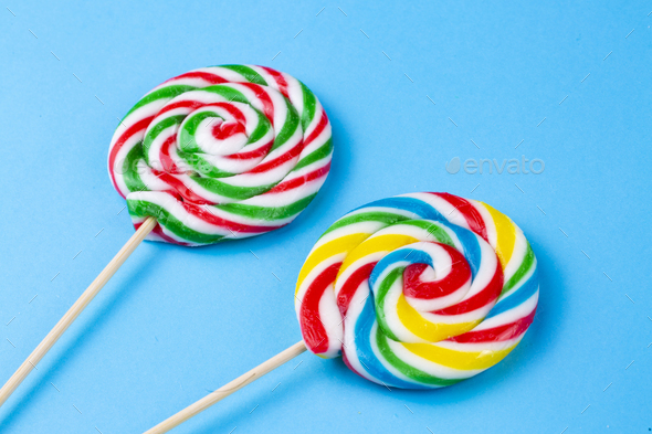 Colorful lollipops and different colorful round candy. Top view. Stock ...
