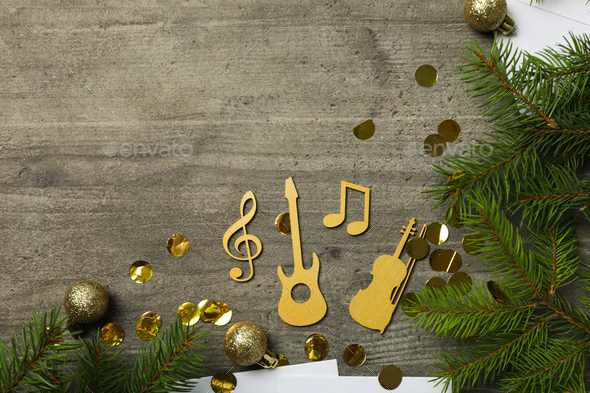 Golden musical instruments on a green background. Stock Photo by ...