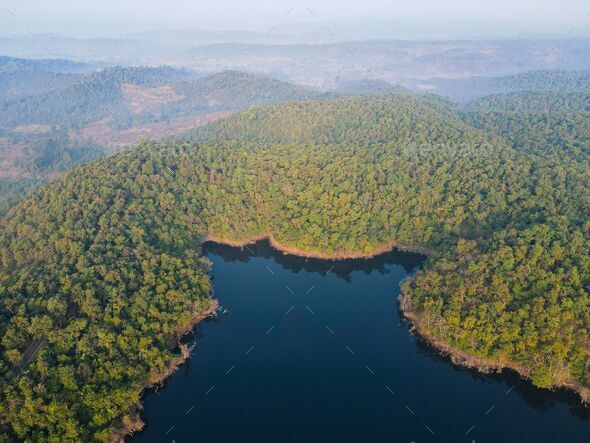Drone shot of a part of a river Barvi Dam trees background, India Stock ...