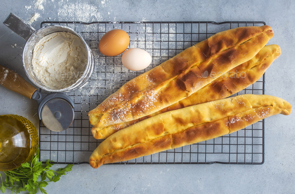 Turkish cuisine, handmade pita with cheddar cheese, pastry. Turkish ...