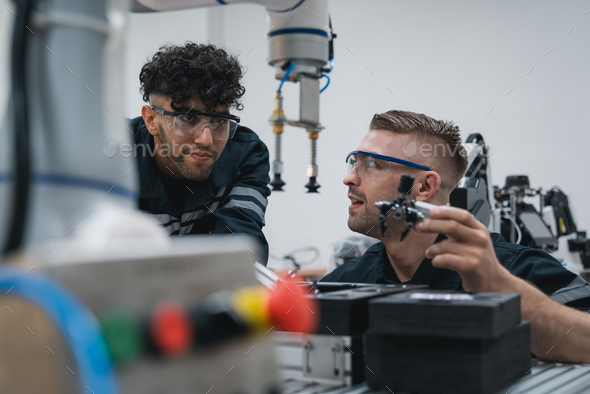 Student engineer Assembling Robotic Arm with computer in Technology ...