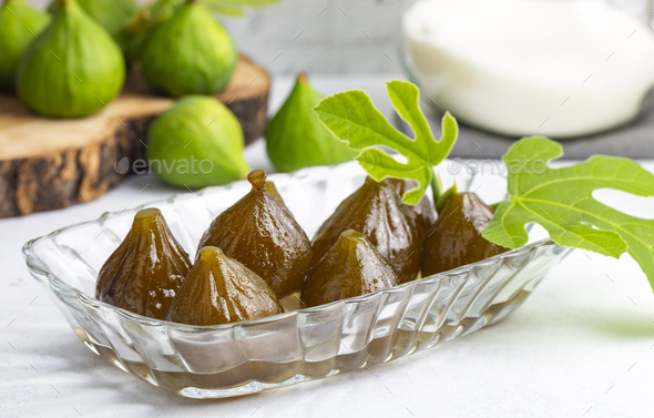 Green fresh fig jam, Turkish dessert. (Turkish name; incir receli ...
