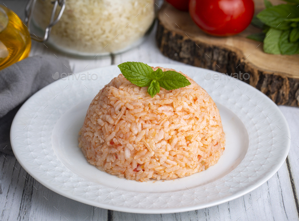 Traditional delicious Turkish food; rice pilaf with tomatoes (Turkish ...