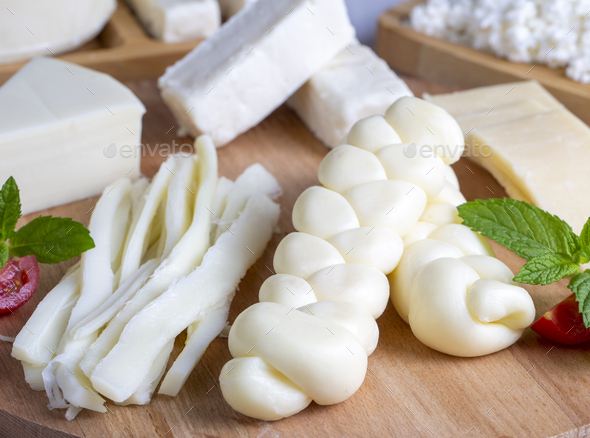 Traditional various cheeses, string, knitted and cecil cheese, turkish ...