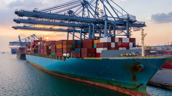 Container cargo ship at commercial terminal seaport, Global business ...