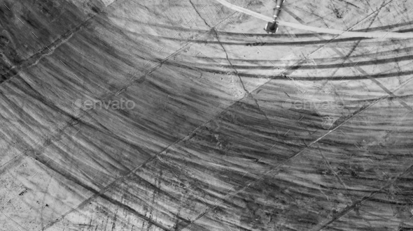 Aerial view wheel tire tracks car tire marks asphalt street road with ...