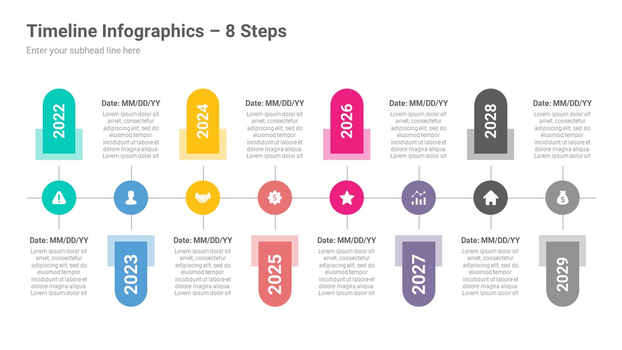 8 Steps Timeline Infographics PowerPoint Template, Presentation Templates
