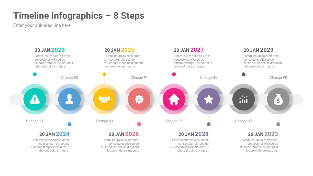 8 Steps Timeline Infographics PowerPoint Template, Presentation Templates