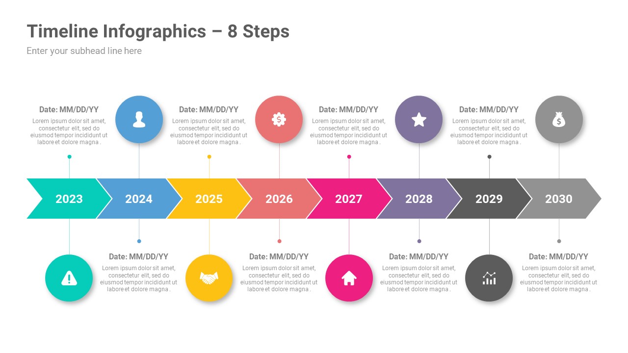 8 Steps Timeline Infographics PowerPoint Template, Presentation Templates
