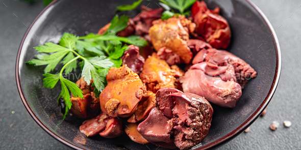 chicken liver offal eating cooking appetizer meal food snack on the ...