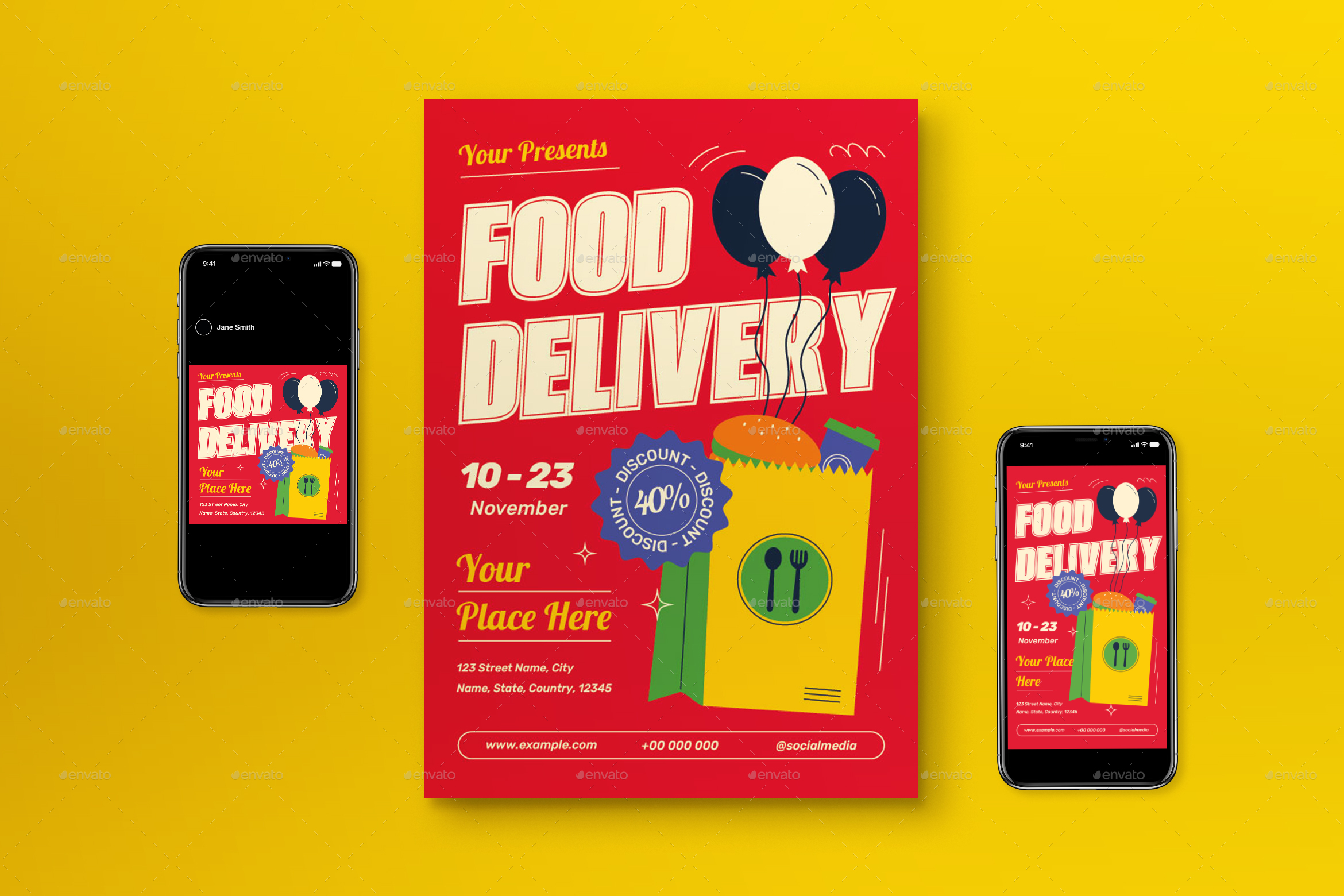 Red Hand Drawn Food Delivery Promo Flyer Set, Print Templates ...