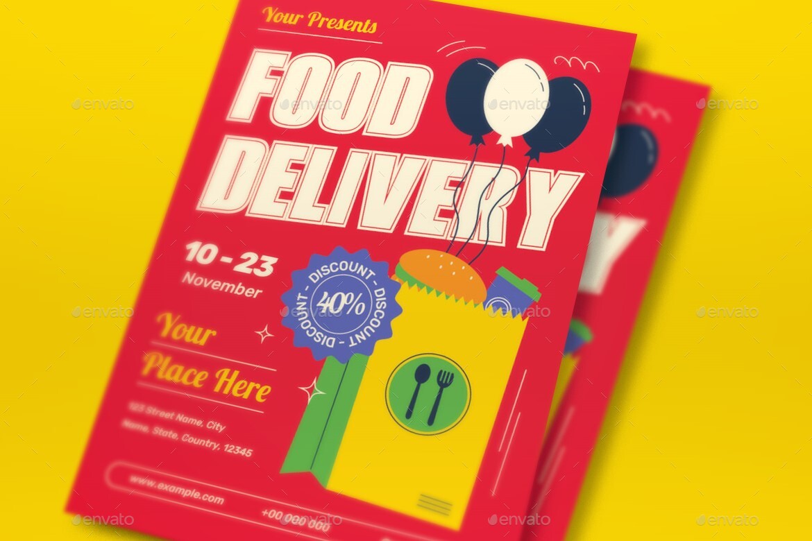 Red Hand Drawn Food Delivery Promo Flyer Set, Print Templates ...