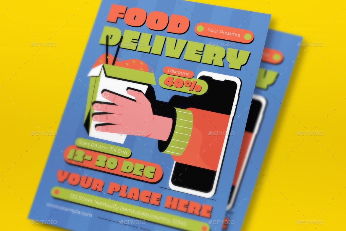Blue Retro Food Delivery Promo Flyer Set, Print Templates | GraphicRiver