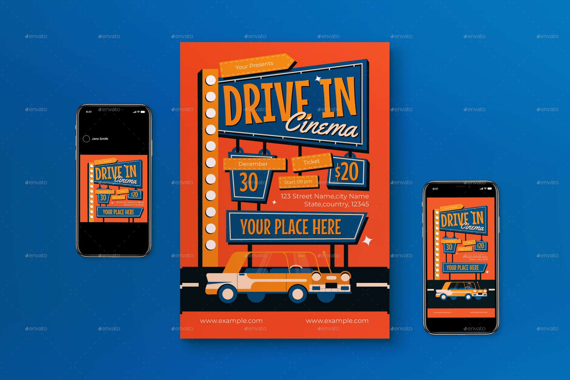Orange Vintage Drive in Cinema Flyer Set, Print Templates | GraphicRiver