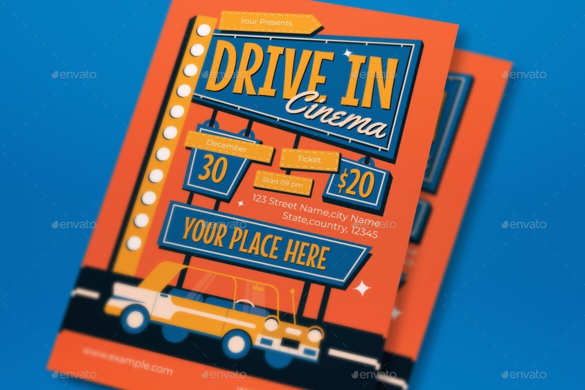 Orange Vintage Drive in Cinema Flyer Set, Print Templates | GraphicRiver