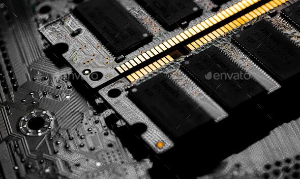 Macro of computer RAM chip, random access memory chip slot for PC ...