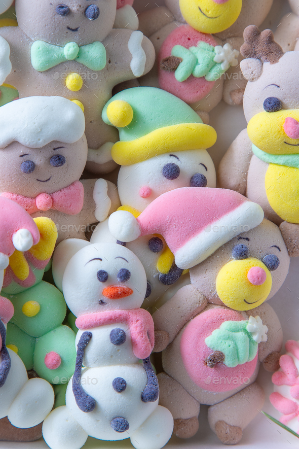 Christmas marshmallows. Winter candy. Sweet food in december. Snowman ...