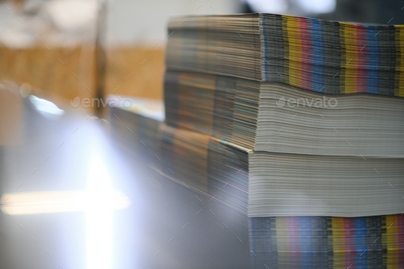paper pile in a finishing, folder station in an offset printer Stock ...