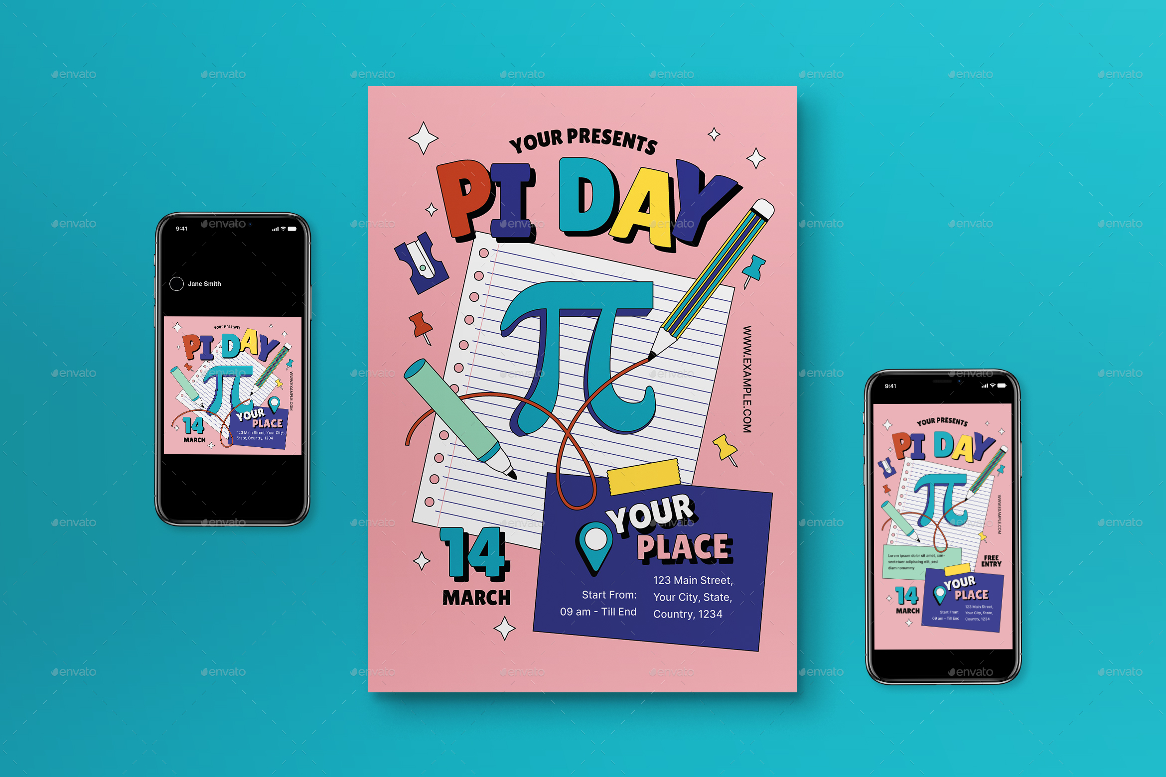 Pink 90's Pi Day Flyer Set, Print Templates | GraphicRiver