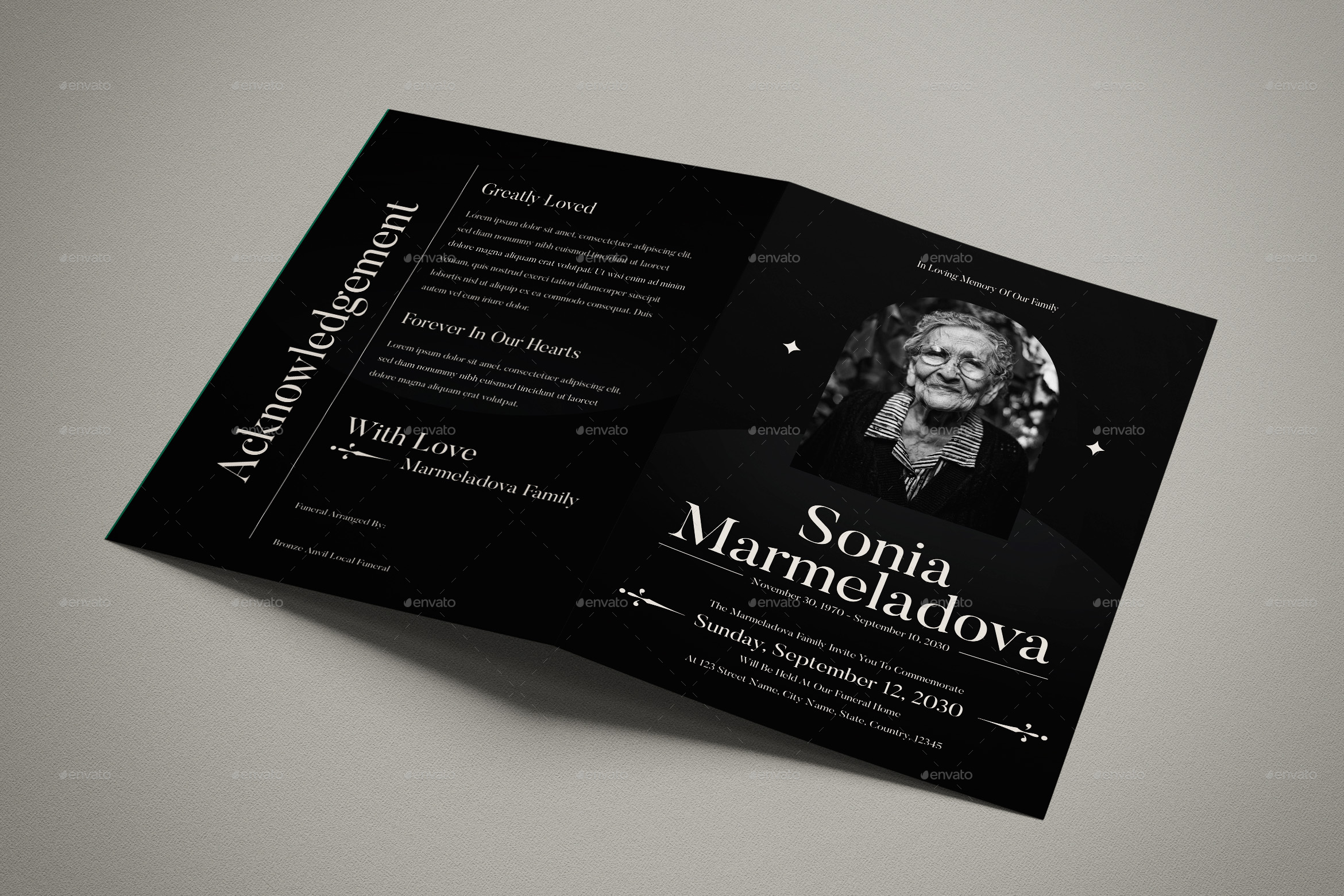 Black and White Gothic Minimalist Funeral Program, Print Templates