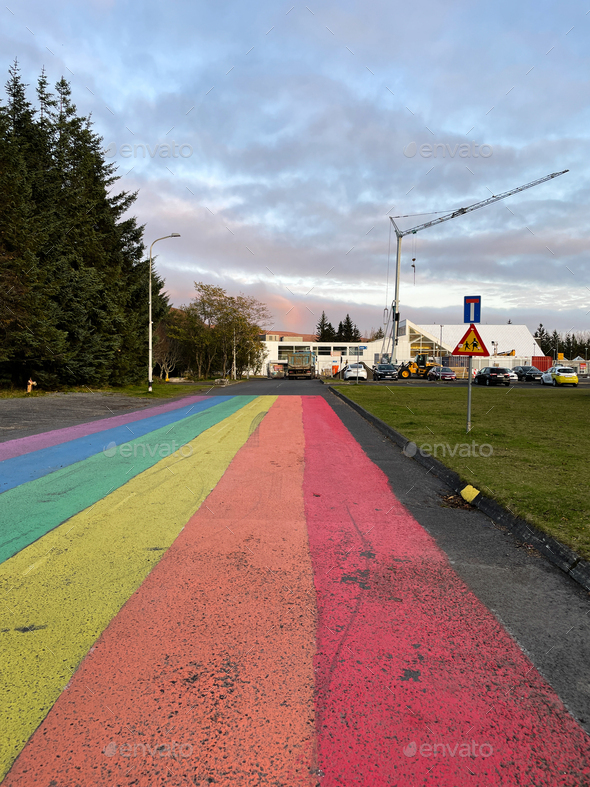 Rainbow colored street in Hveragerdi Iceland Stock Photo by ...