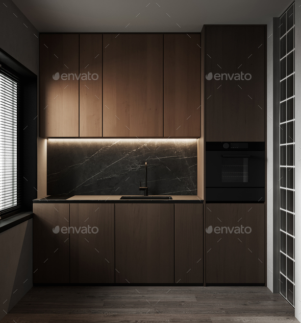 Modern wooden kitchen interior design, 3d rendering Stock Photo by ...