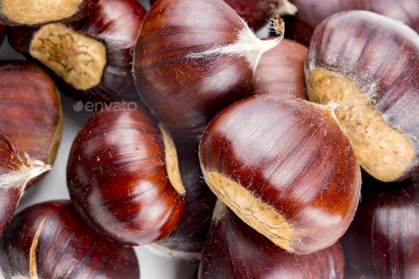 Raw Chestnuts for Christmas. Fresh sweet chestnut. Castanea sativa top ...