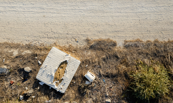 Drone aerial of trash garbage in nature. Environmental pollution ...
