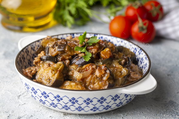 Traditional delicious Turkish food; eggplant moussaka (Turkish name ...