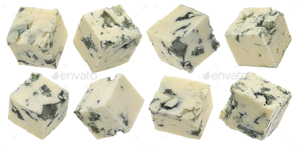 Blue cheese cubes isolated on white background, full depth of field ...
