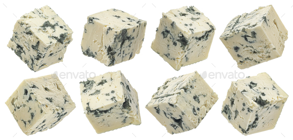 Blue cheese cubes isolated on white background, full depth of field ...