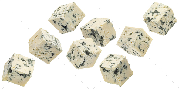 Falling blue cheese cubes isolated on white background, full depth of ...