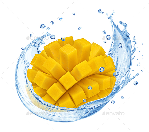 Mango falling into water splash isolated on white background Stock ...
